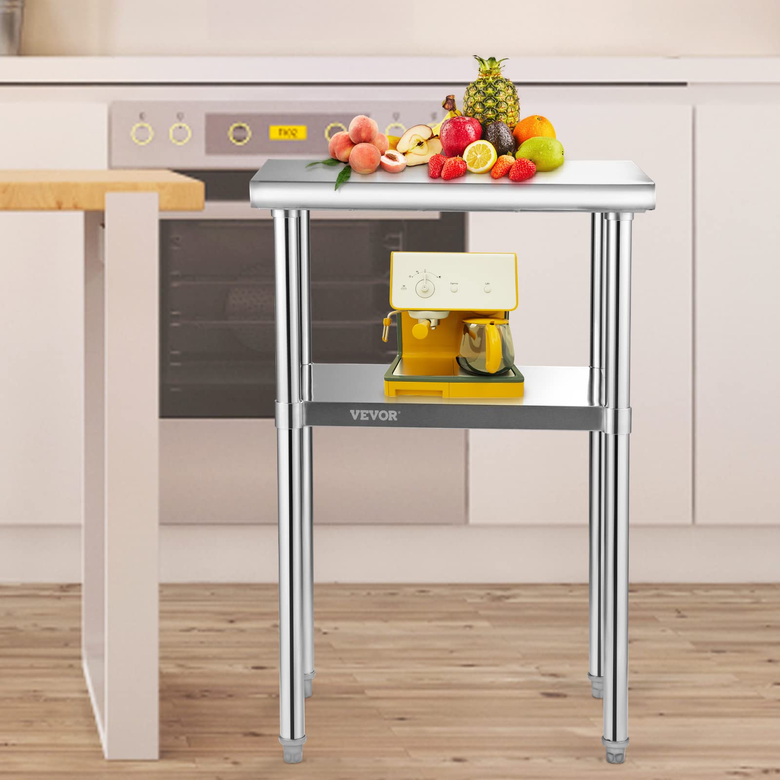 VEVOR Stainless Steel Prep Table, 24 x 18 x 36 Inch, 600lbs Load Capacity Heavy Duty Metal Worktable with Adjustable Undershelf & Feet, Commercial Workstation for Kitchen Restaurant Garage Backyard