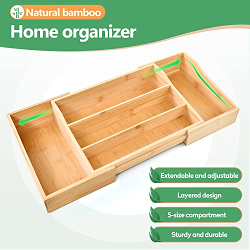 Expandbale Bamboo Countertop Organizer Bin,Counter And Pantry Organization For Kitchen, Bathroom And Dining Room,1 Pack,Natural Color