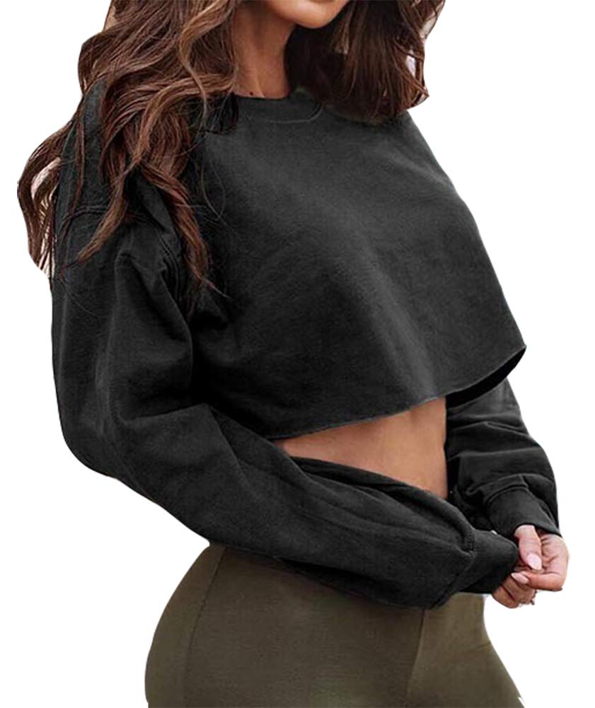 Artfish Women's Crewneck Long Sleeve Workout Casual Cropped Teen Loose Sweatshirts Black S
