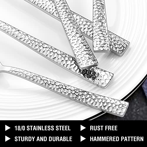 Hammered Silverware Set, 40-Piece Stainless Steel Square Flatware Set for 8, Food-Grade Tableware Cutlery Set, Utensil Sets for Home Restaurant, Mirror Finish, Dishwasher Safe