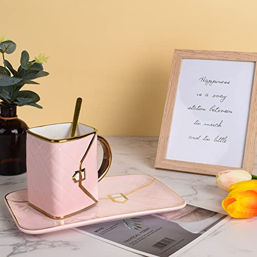 Koythin Ceramic Coffee Mug Saucer Set, Creative Cute Handbag Shaped Cup with Spoon and Saucer for Office and Home, 10 oz/300 ml for Tea Latte Milk (Peach Pink)