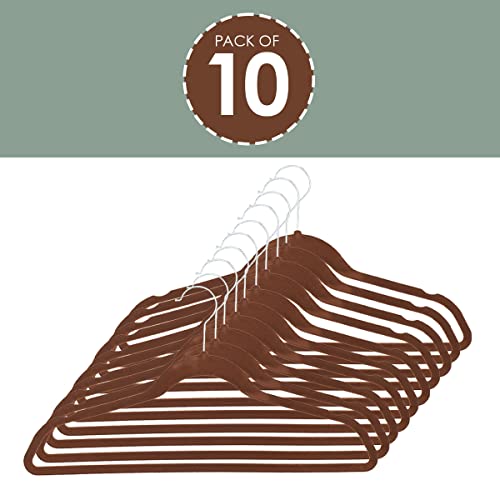 Home Basics Velvet Clothes Hangers (Pack of 10), Brown Felt Hangers for Tops, Jackets, Dresses, and Pants | Contoured Hangers with Notches | Ultra-Thin Space Saving Clothes Hangers