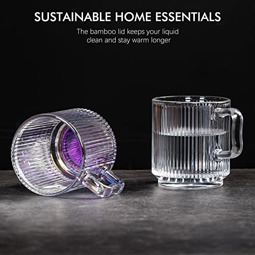 Leadiy Transparent Glass Coffee Mug with Lid, Clear Glass Coffee Cups, Classical Vertical Stripes Coffee Mugs for Latte Juice Tea 12.5 Ounces