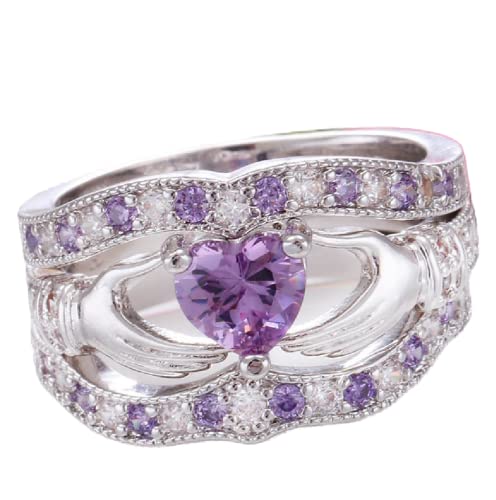 suchadaluckyshop 3PCs Irish Claddagh Celtic Heart Amethyst 925 Silver Wedding Ring Bridal Set New (10)