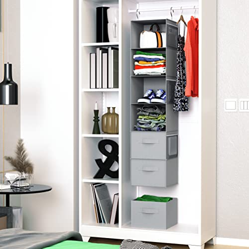 coastal rose 6 Shelf Hanging Closet Organizer with Drawers,Foldable Hanging Closet Organizers and Storage,Closet Hanging Storage Shelves with Pockets,Hanging Clothes Storage Organizer,Grey