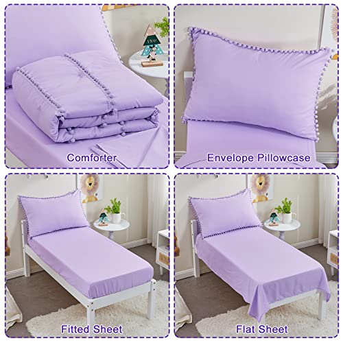 SUCHDECO Lavender Toddler Bedding Set Toddler Comforter Set for Girls Baby Crib Bedding Set with 6 Pom Poms Fringes - 4 Pieces: Comforter, Fitted Sheet, Flat Sheet, Pillowcase