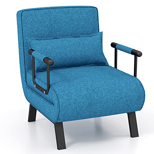 Giantex Convertible Sofa Bed, 4-in-1 Sleeper Chair with Pillow, Modern Recliner Guest Bed with 6 Positions Adjustable Backrest, Metal Legs, Linen Fabric Armchairs for Nursery Living Room Office (Blue)