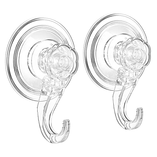 Suction Cup Adhesive Hooks - Quntis 2 Pack Large Suction Adhesive Hooks Heavy Duty Clear Shower Hooks Kitchen Bathroom Window Wall Hooks for Hanging Towel Bathrobe Loofah Sponge Christmas Wreath Key