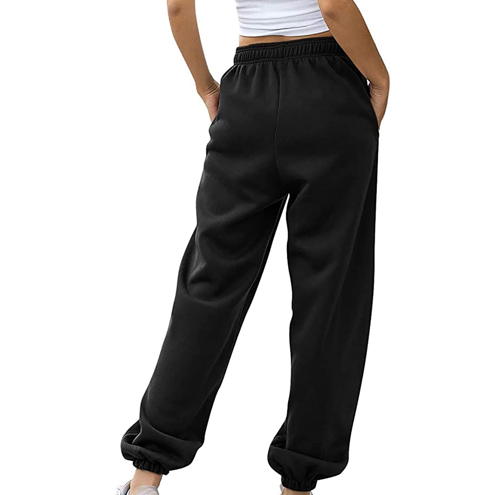 Baggy Sweatpants for Women Drawstring High Waisted Cinch Bottom Yoga Pants with Pockets Casual Relaxed Workout Jogger Pants Black