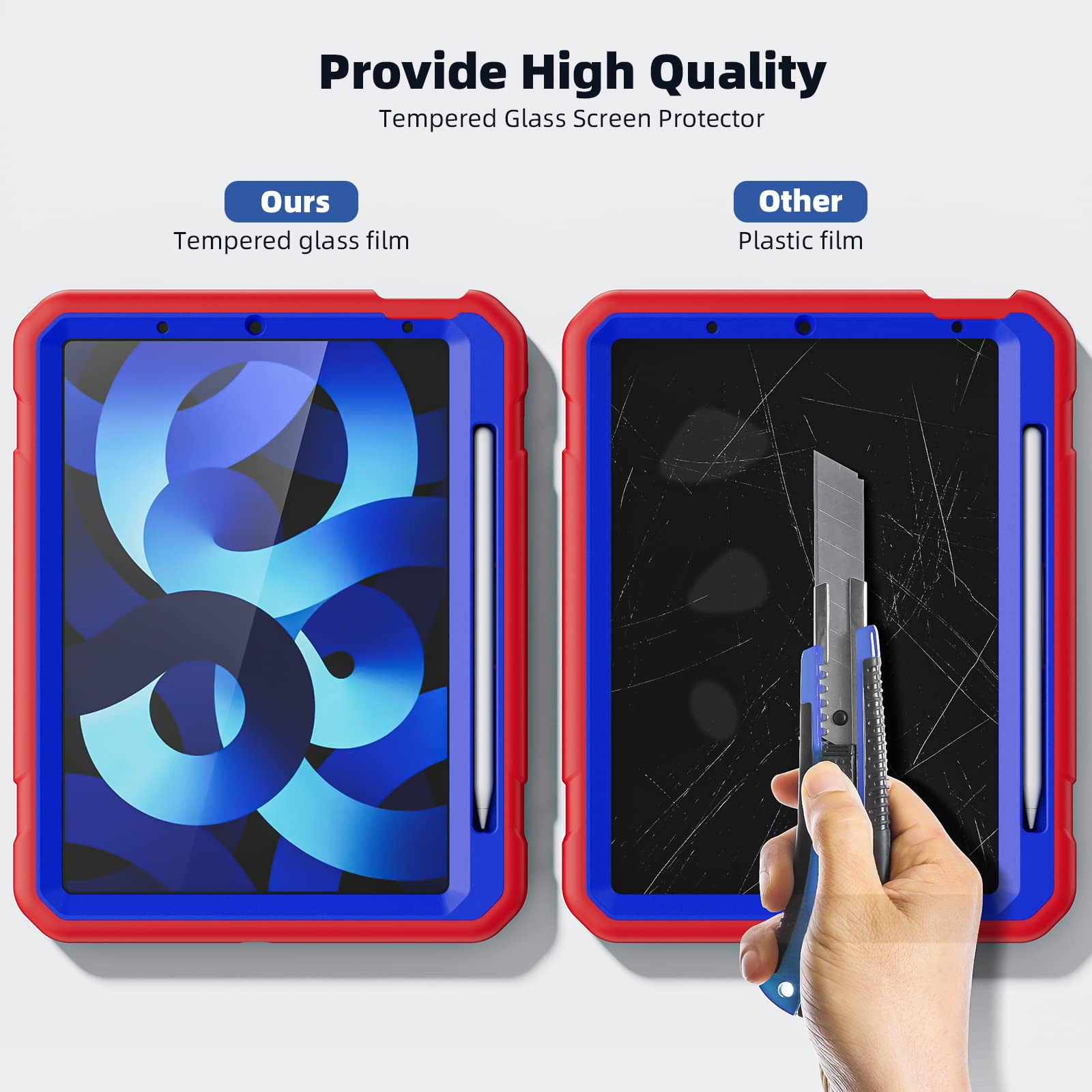 BLOSOMEET Case for iPad Air 5th/4th Generation 2022/2020 10.9" with Tempered Glass Screen Protector Pencil Holder, Protective Kids Case for iPad Air 5/Air 4 with Hand Shoulder Strap Stand,Red Blue