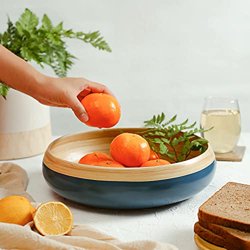 Kiwi Homie 11.81" Spun Bamboo Fruit Bowl, Bamboo Salad Bowl, Modern Large Serving Bowl, Decorative Bowl for Kitchen, Party, BBQs, Natural Handicrafted Bamboo Bowl (Blue)