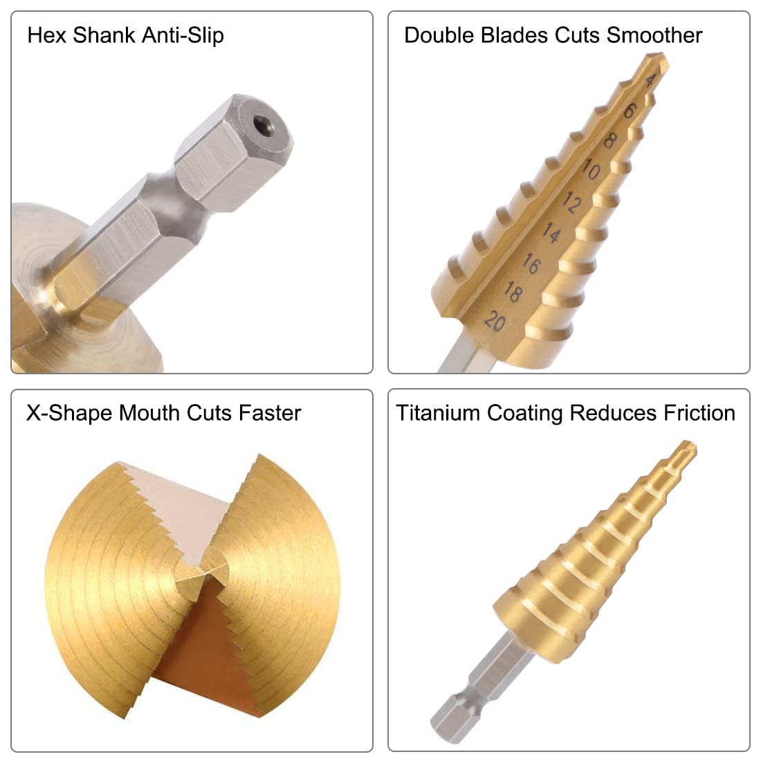 uxcell Step Drill Bit HSS 4241 4mm to 20mm 9 Sizes Titanium Coated Straight Flutes Hex Shank for Metal Wood Plastic