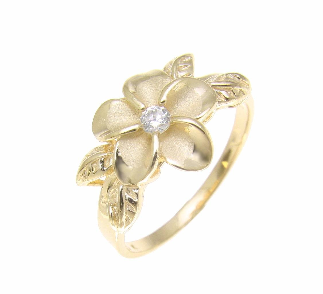Arthur's Jewelry Yellow gold plated 925 sterling silver Hawaiian plumeria flower cz maile leaf leaves ring size 5