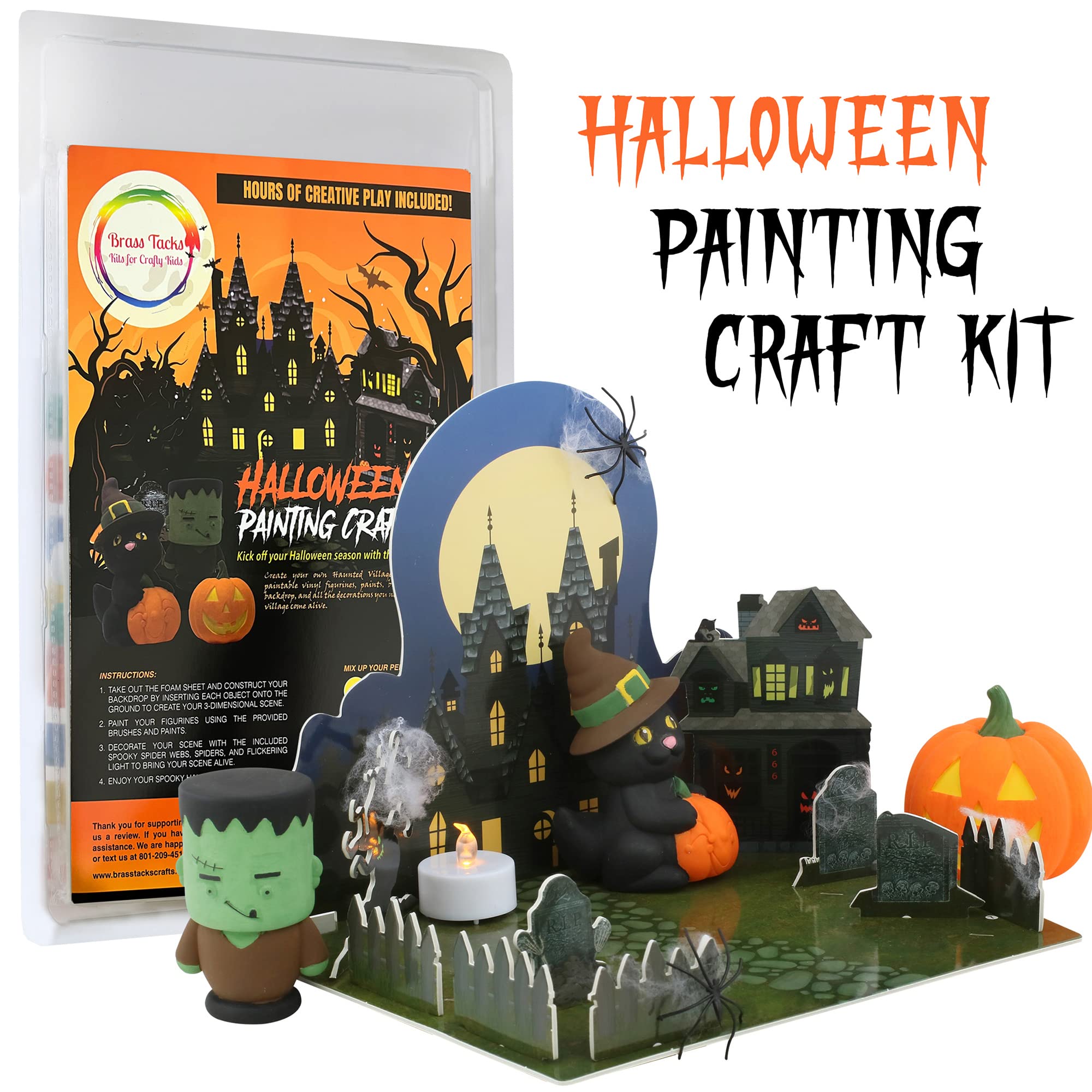 BRASS TACKS KITS FOR CRAFTY KIDS Kid Painting Halloween Craft Puzzle, with 3 Figurines, Paint, Brushes, Background, Spiders, Webs, and Flickering Light