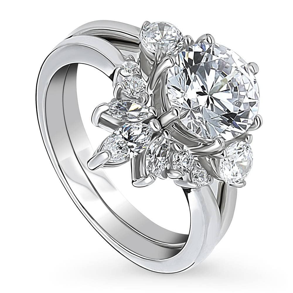BERRICLE Sterling Silver 3-Stone Wedding Engagement Rings Round Cubic Zirconia CZ 7-Stone Ring Set for Women, Rhodium Plated Size 6