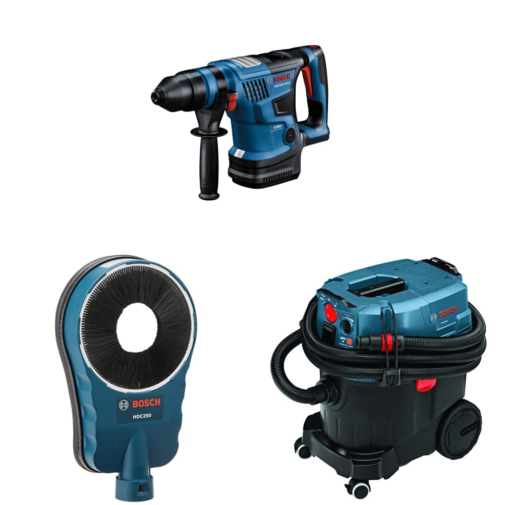 BOSCH GBH18V-34CQN 18V Brushless 1-1/4" SDS-plus Rotary Hammer (Bare Tool), HDC250 SDS-maxÂŽ Core Bit Dust Collection Attachment, and VAC090AH 9 Gallon Dust Extractor