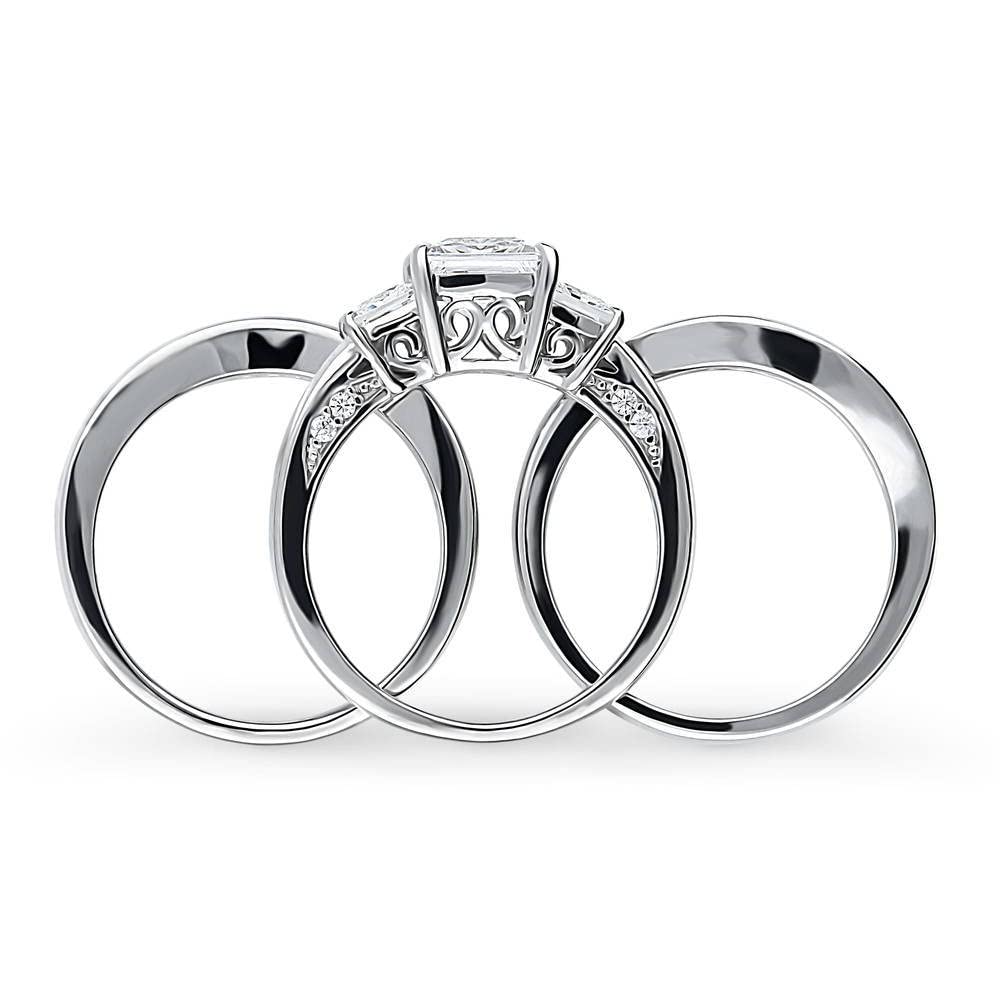 BERRICLE Sterling Silver 3-Stone Wedding Engagement Rings Princess Cut Cubic Zirconia CZ Ring Set for Women, Rhodium Plated Size 7