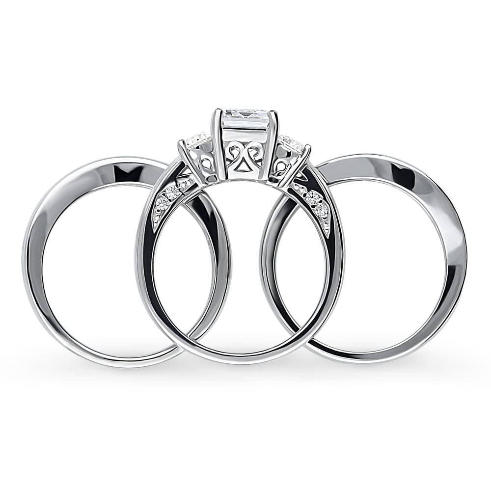 BERRICLE Sterling Silver 3-Stone Wedding Engagement Rings Emerald Cut Cubic Zirconia CZ Ring Set for Women, Rhodium Plated Size 6
