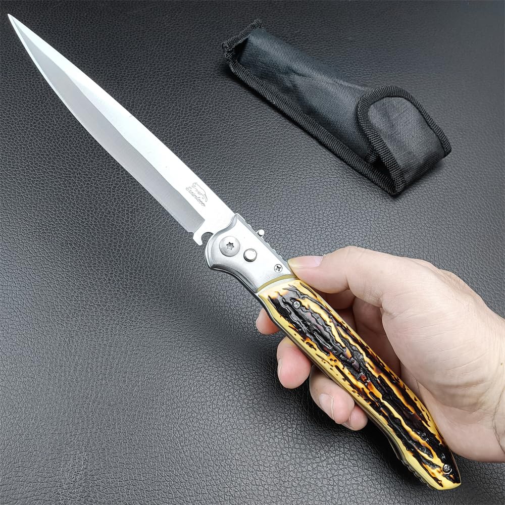 Generic EDC Push Button Lock 12"" Pocket Knife with Slide Safety Lock,Assisted Opening Folding Knives,Stainless Steel Blade and Wooden Pattern Handle,Combat Knife for Camping Hunting