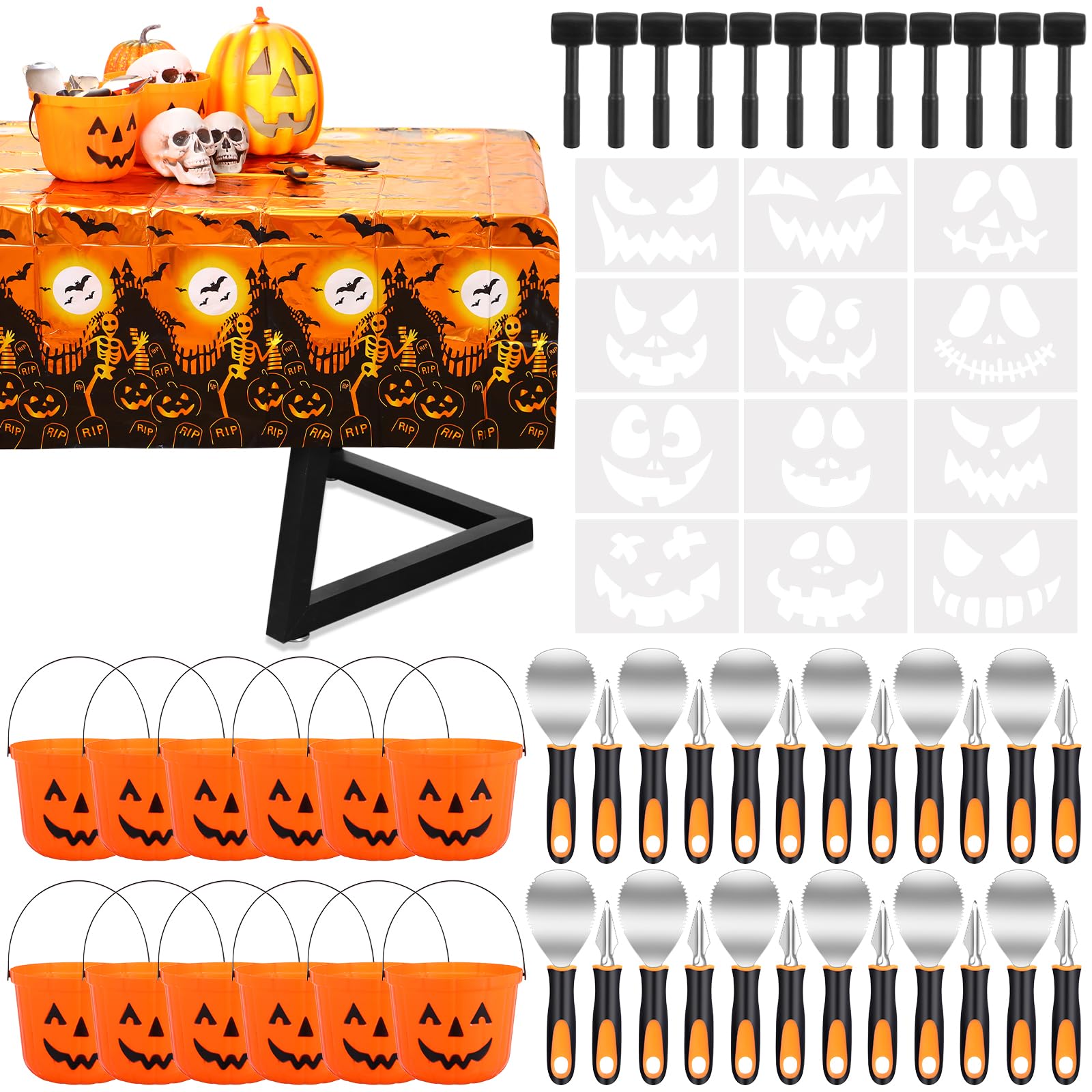Blosssound 12 Sets Halloween Pumpkin Carving Kit Includes Professional Heavy Duty Carving Tools DIY Stencil Sheets Pumpkin Buckets Table Cover Hammers for Halloween Door Decorations Family Party