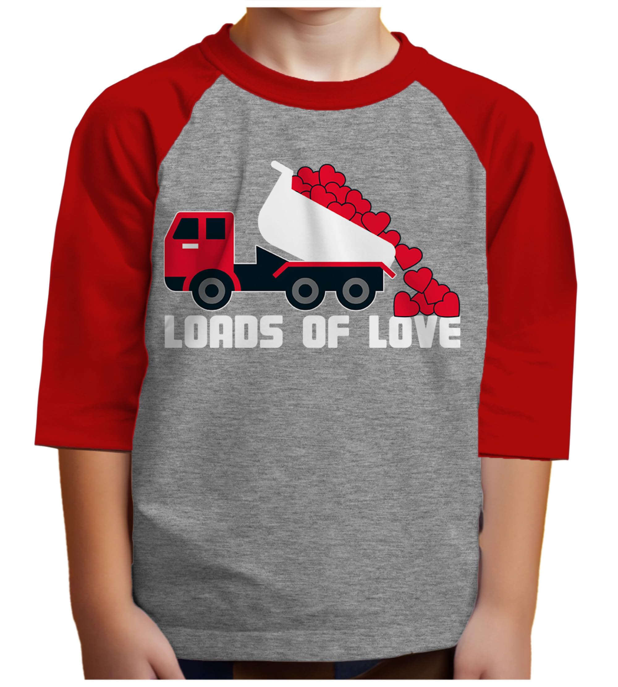 Truck with Hearts Loads of Love Boys Valentines Day Shirt Dabbing Heart Valentine's Toddler Kids Raglan 3/4 Sleeve T-Shirt 2T Red