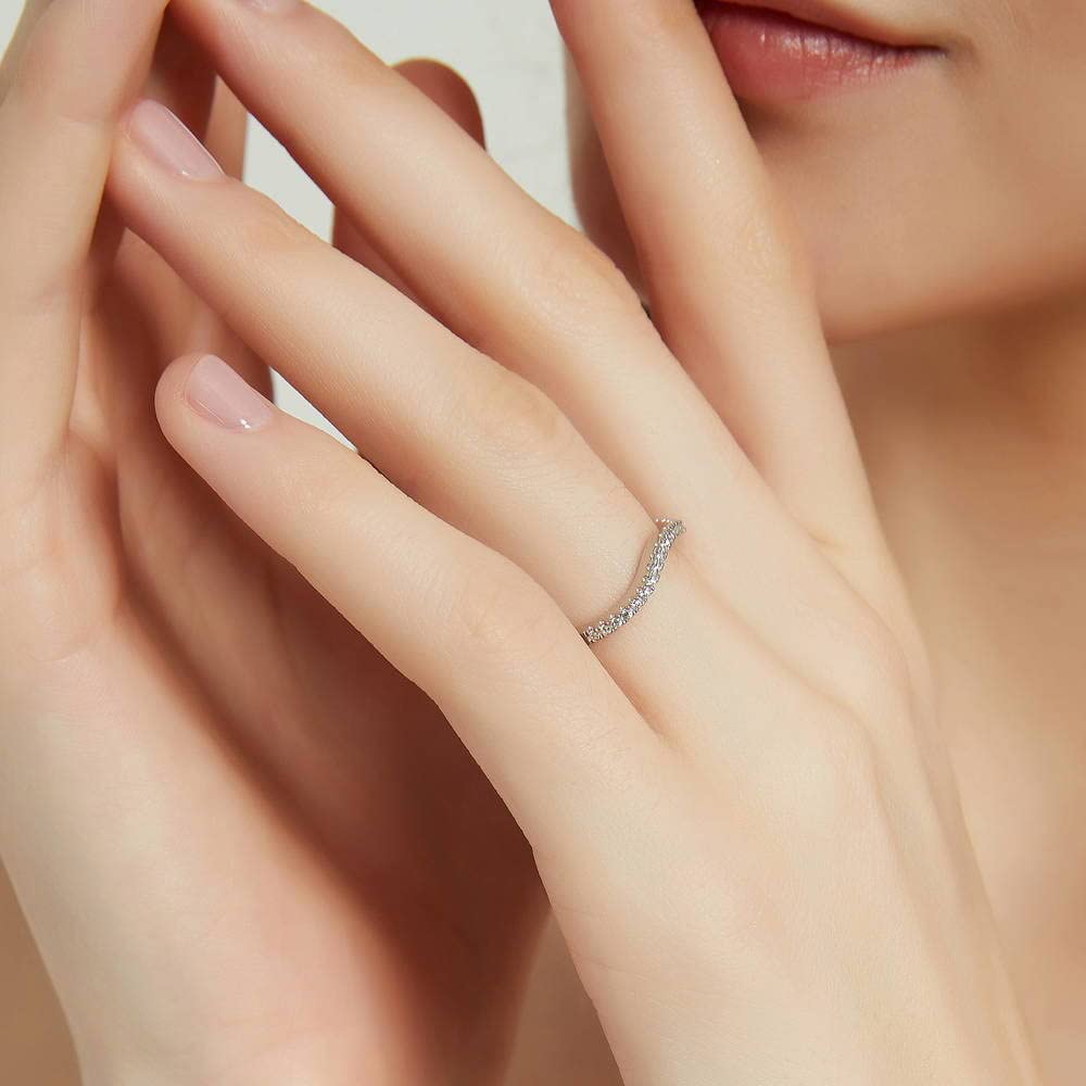 BERRICLE Sterling Silver Wishbone Wedding Rings Cubic Zirconia CZ Curved Half Eternity Ring for Women, Rhodium Plated Size 9