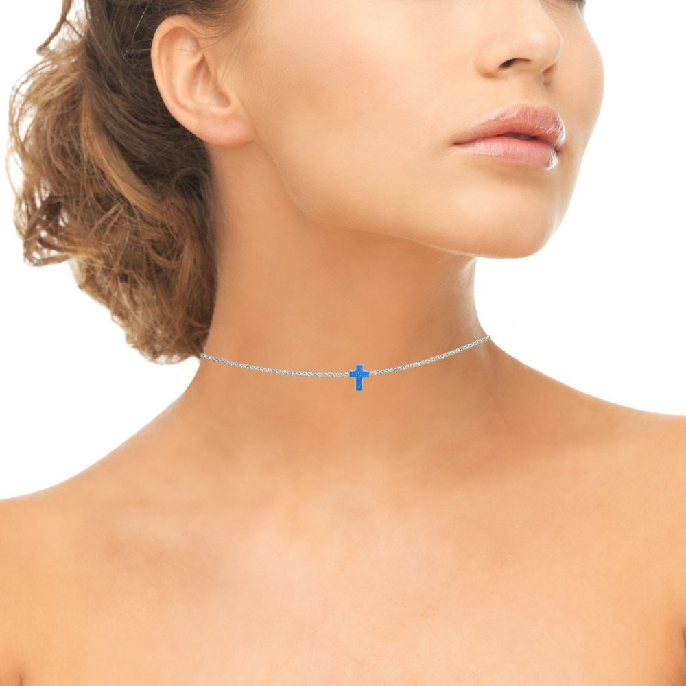 B. BRILLIANT Sterling Silver Small Dainty Synthetic White Opal Cross Choker Necklace for Women