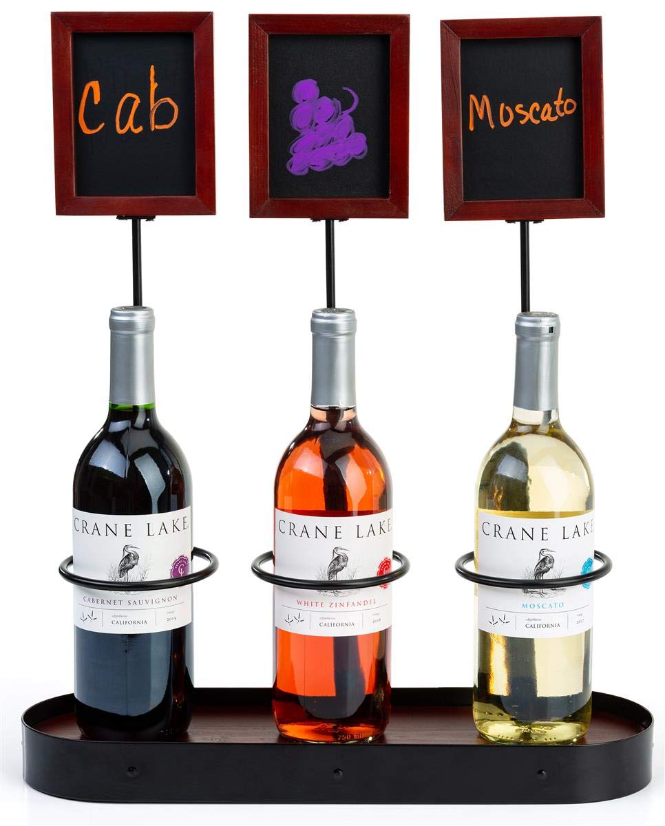 Displays2go Countertop Wine Bottle Sign Display, 3 Chalkboards – Mahogany (WINCNTCHK3)