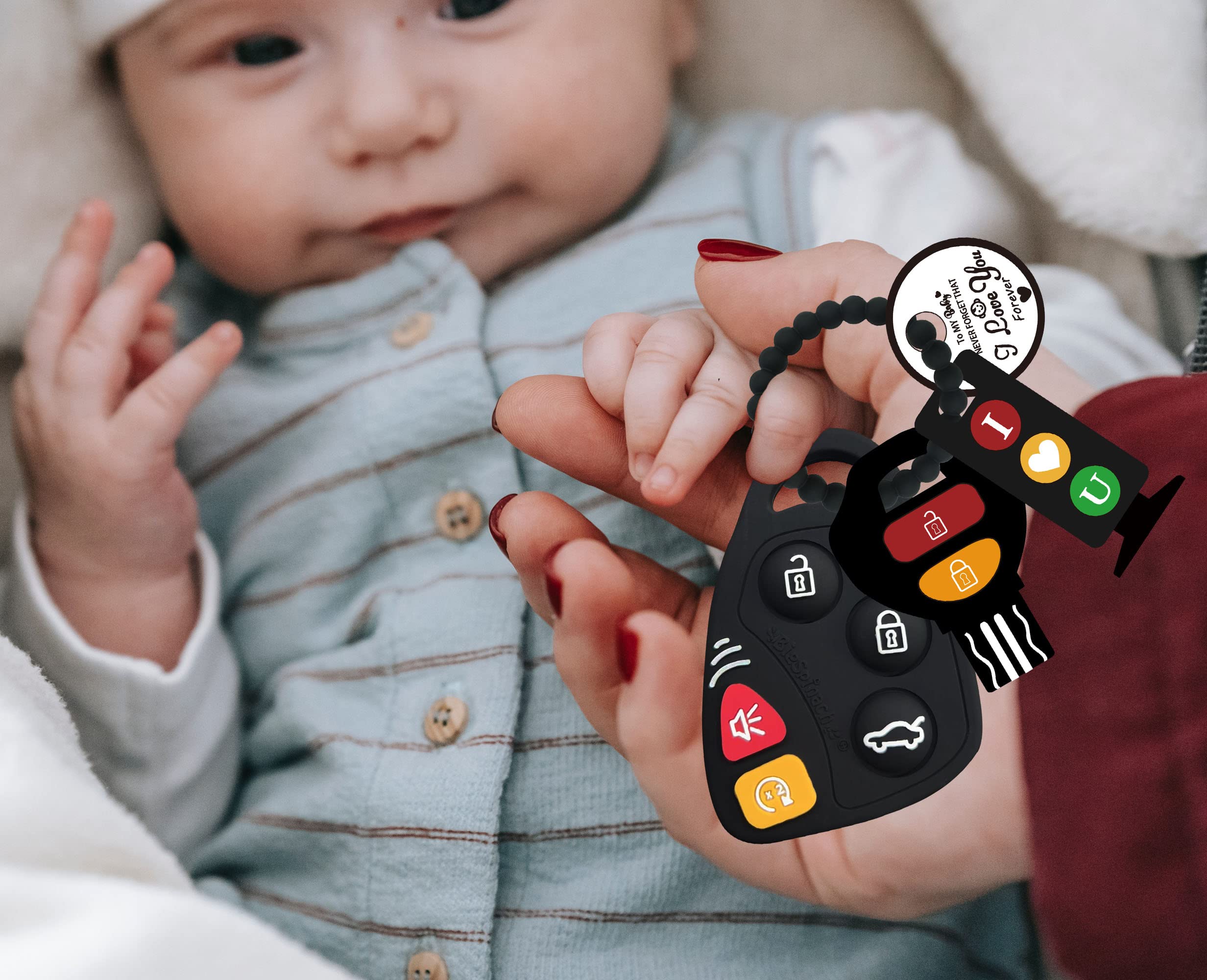 BIGSPINACH Car Keys Teething Toys Combo Set,Traffic Light Keys teether Toy,Teething Car Key Remote Control for Baby Teether Toys 6 to 12 Months（Black）