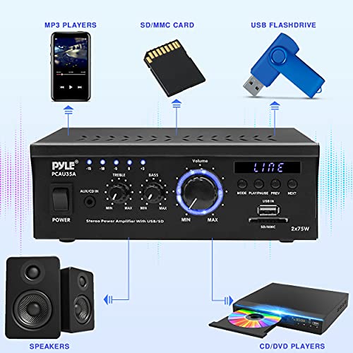Pyle Home Home Audio Power Amplifier System - 2x75W Dual Channel Theater Power Stereo Receiver Box, Surround Sound w/ USB, RCA, AUX, LED, Remote, 12V Adapter - For Speaker, iPhone - Pyle PCAU35A