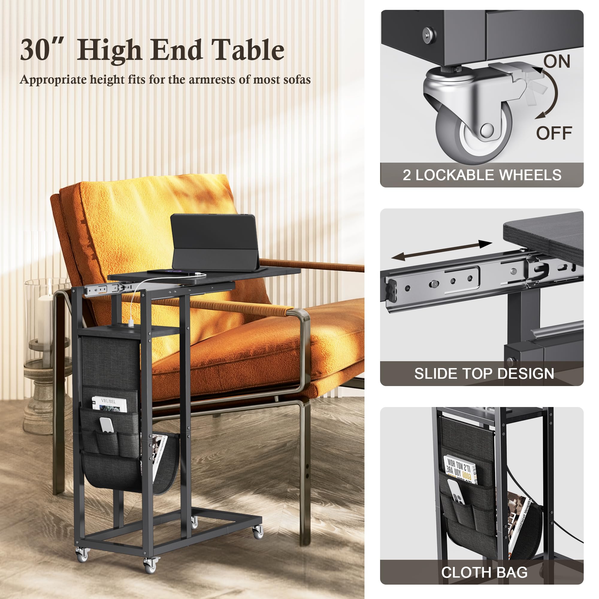 Colima C Shaped Slide Cover End Table with Charging Station, Narrow Sofa Side Table with USB Port and Wheels, Couch Table Bedside Table with Storage Bags for Office Living Room Bedroom Black
