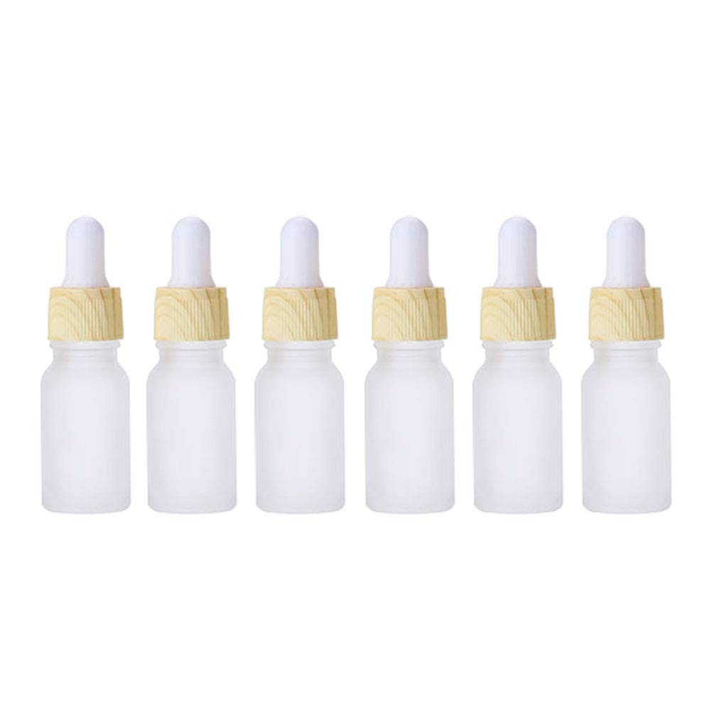Furnido 10ml White Frost Glass Dropper Bottle,Refillable Cosmetic Packaging Eye Dropper Container Vials Essential Oil Bottles With Wood Grain Lid Travel Glass Essence Bottle,Dropper Vial-6 Pack