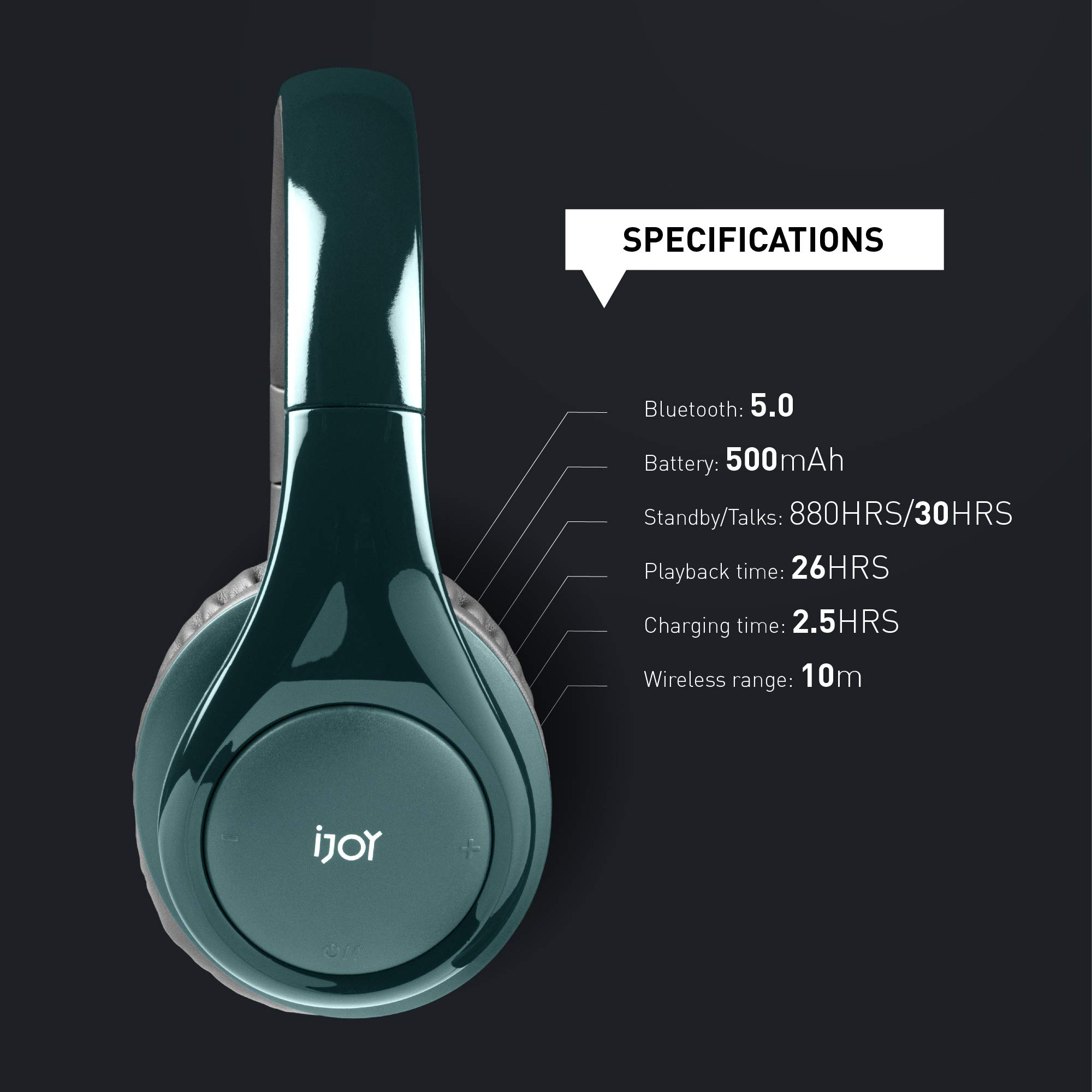 iJoy ISO Wireless, Bluetooth Headphones-Cordless Over Ear Stereo Headset- Bluetooth 5.0, 30HR Battery Built-in Microphone- Handsfree or Wired Use, Foldable (Glossy Green)