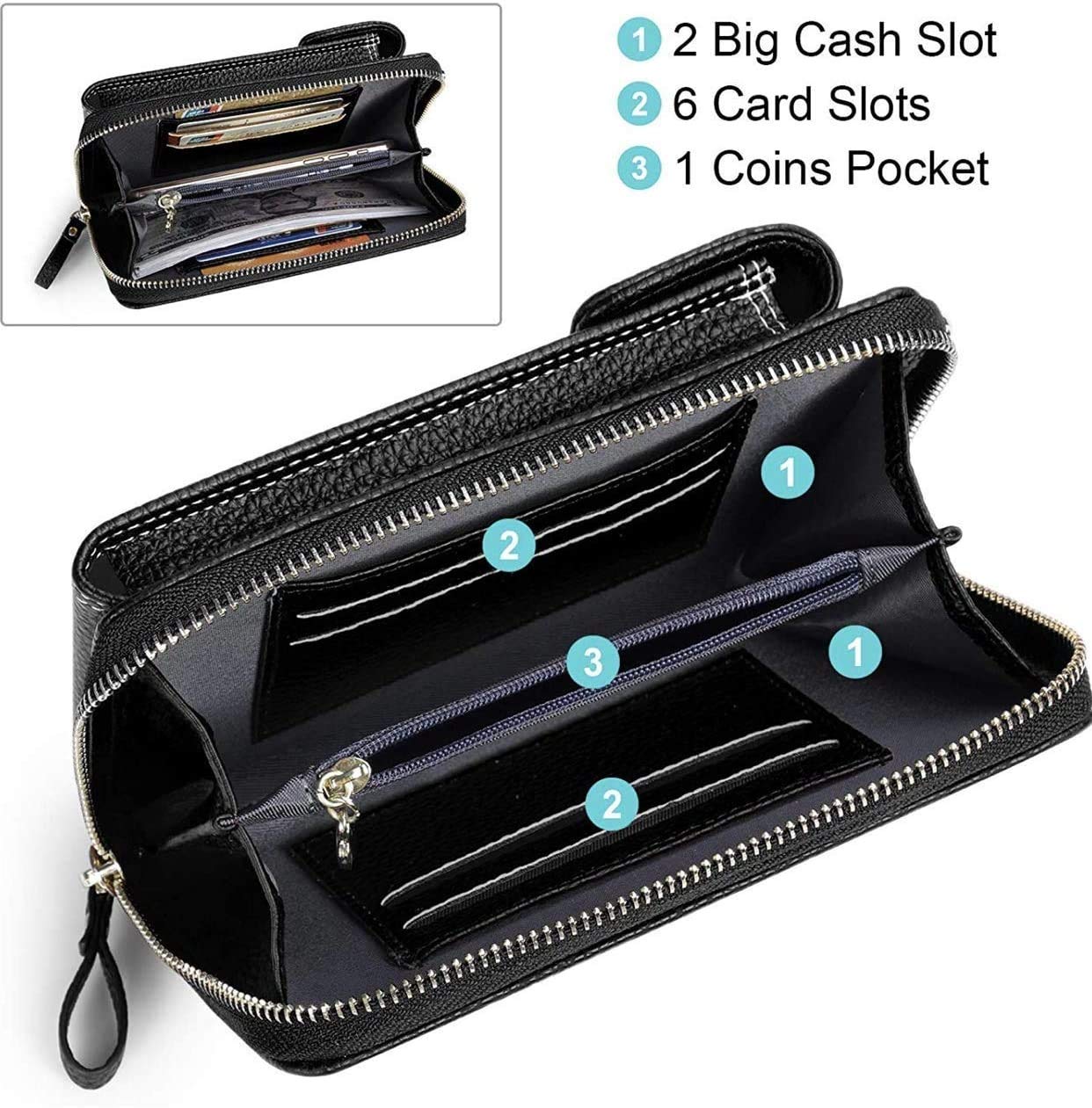 Ladies fashion casual shoulder messenger bag mid-length clutch bag large capacity mobile wallet (Color : Black, Size : One size)