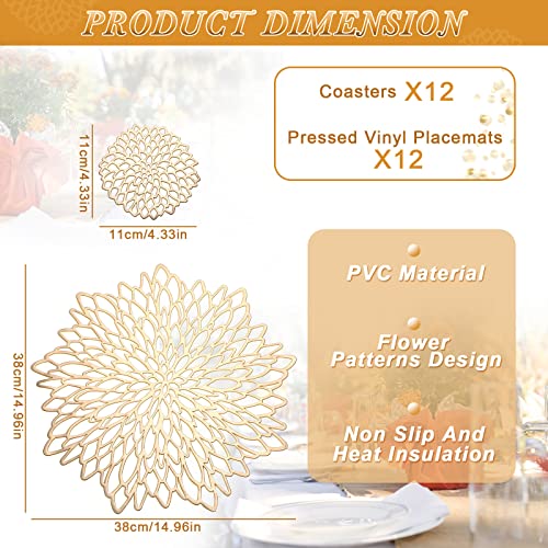 CHENGU 24 Pcs Round Pressed Vinyl Placemats Metallic Place Mat Coaster Set Including Placemats and Coasters Non Slip Heat Resistant Washable Table Mats for Dining Table Kitchen Decoration (Gold)
