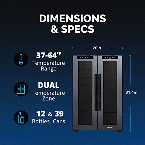 NewAir 12 Bottle/ 39 Can Wine Cooler Refrigerator | Shadow Series | Dual Temperature Zones, Freestanding Mirrored Wine and Beverage Fridge with Double-Layer Tempered Glass Door & Compressor Cooling