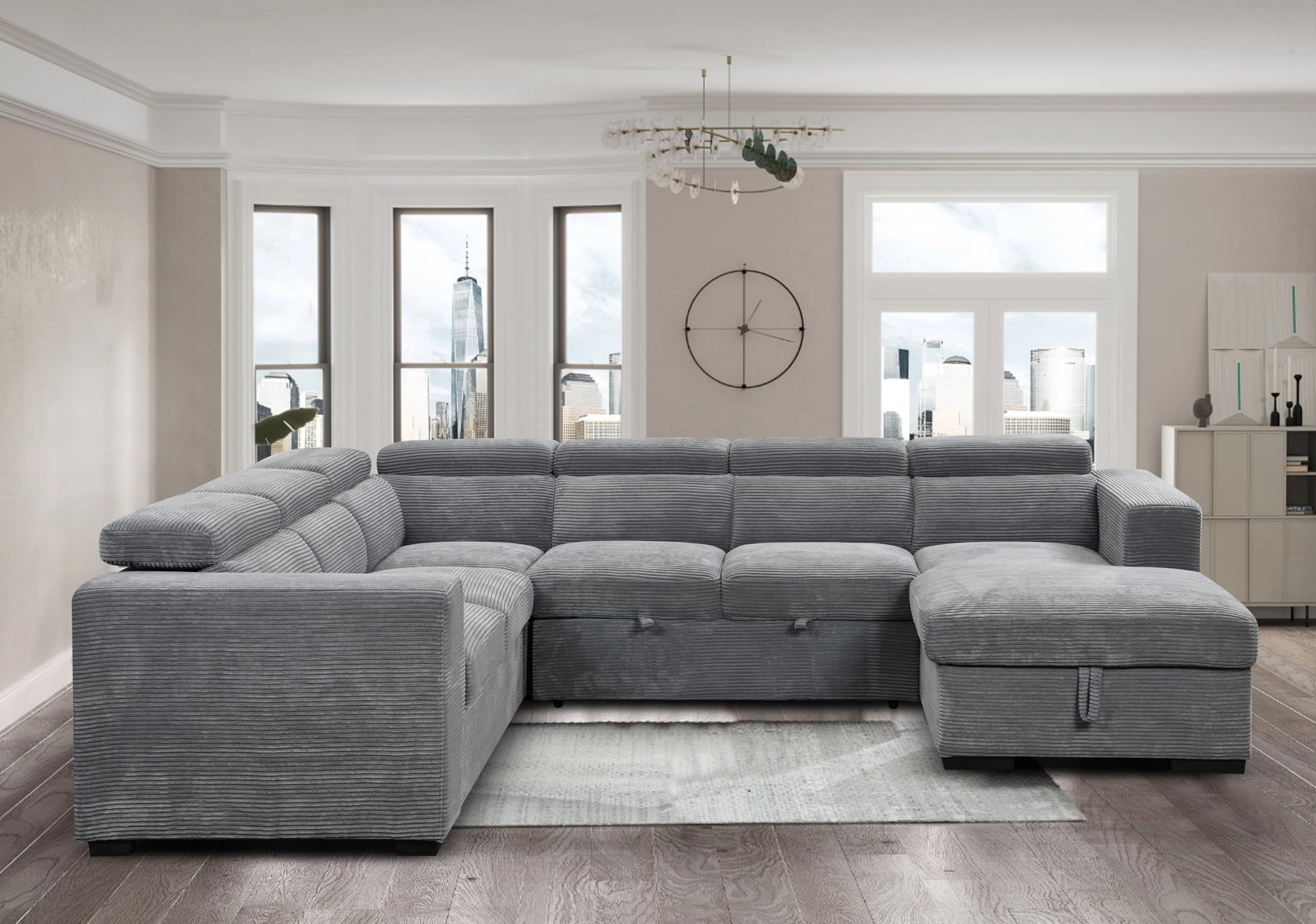 THSUPER 146'' Oversized Sectional Sleeper Sofa with Chaise Lounge and 2 Pull-Out Bed, 7-Seater U-Shaped Sectional Couches with Cuddler and 2 Cup Holders for Living Room - Belfast Fabric Dark Grey
