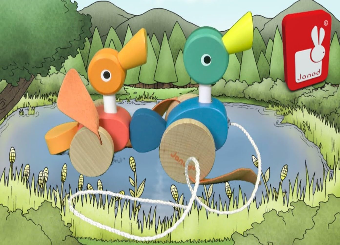 Janod Zigolos Pull Along Duck Family Early Learning and Motor Skills Toy with Flapping Feet Made of Beech and Cherry Wood for Ages 12 Months+