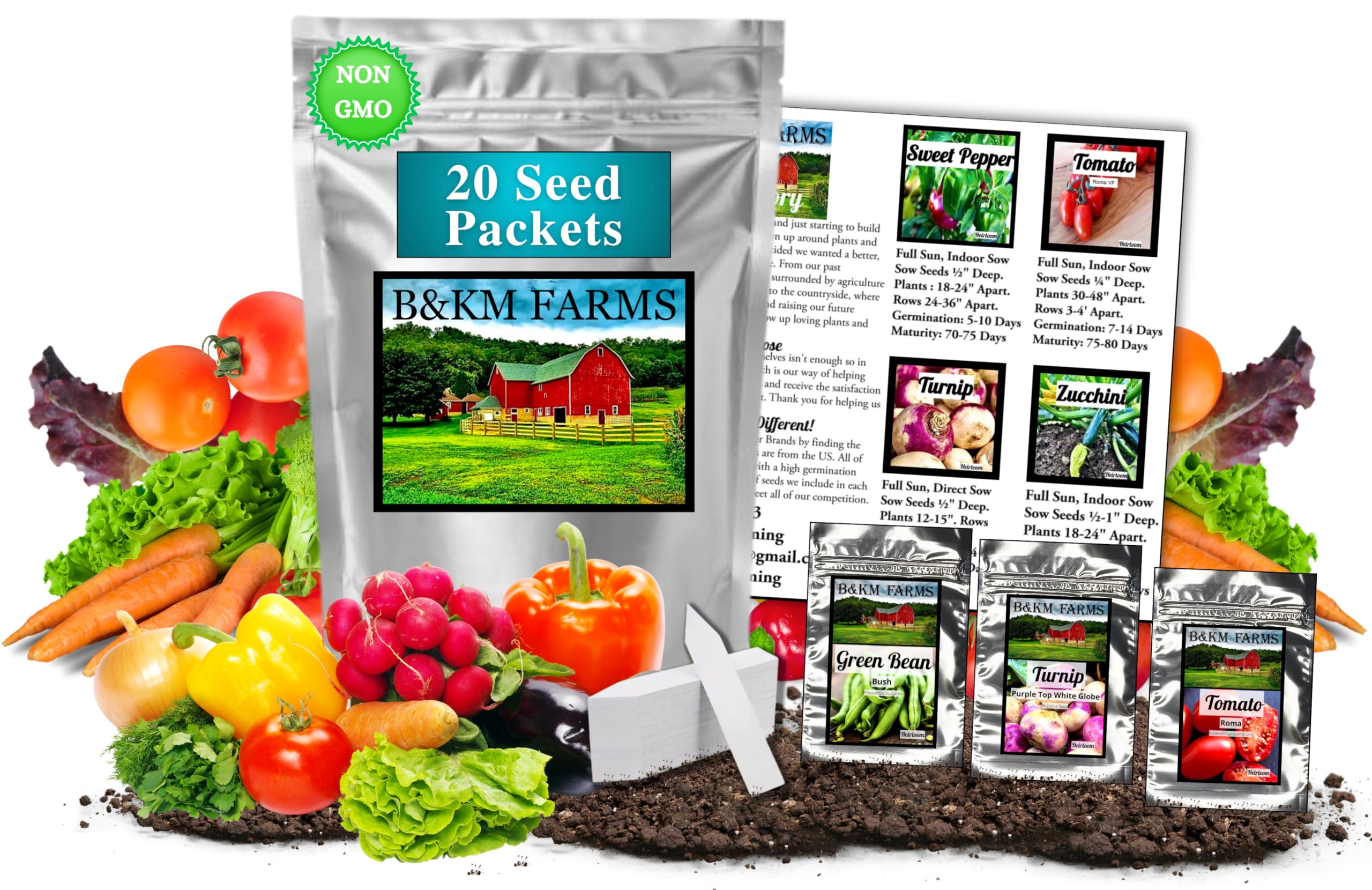 B&KM Farms Non-GMO Heirloom Seed Collection, Over 10,000 Seeds, 20 Varieties, Tomatoes, Zucchini, Carrots, Heavy-Duty Container (4)