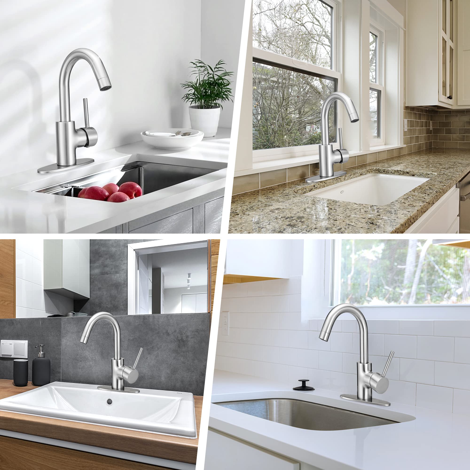 PHICHI Bar Faucet Chrome, 1 Or 3 Hole Single Handle Stainless Steel Gooseneck Sink Faucets for Bathroom Bath Outdoor with Hot & Cold Water Supply Lines