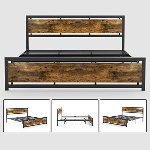 IKIFLY Industrial Metal King Size Bed Frame/Farmhouse Metal Platform Bed with Wooden Headboard Footboard/Heavy Duty Steel Slats Support/No Box Spring Need, Easy Assembly(King, Rustic Brown)
