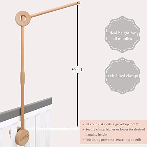 Sasa Wooden Crib Mobile Arm - Baby Mobile Holder for Crib (100% Beech Wood, 30 inch) with Strong Hold Anti Slip Attachment Clamp for Sturdy Mobile Hanger