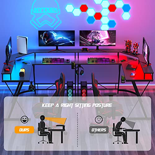HYTXEN Gaming Desk with Led Lights, L Shaped Corner Computer Desk with Power Strip, Carbon Fiber Surface Gaming Table with Monitor Stand&Cup Holder, Headphone Hook, Graphite Black