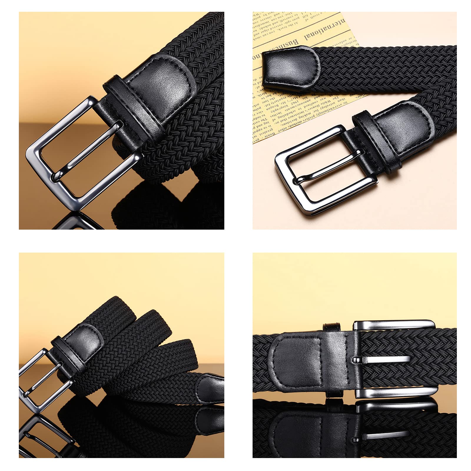 BRAMASOLE Mens Belts Casual Nylon Tactical 2 Pack Adjustable Stretch Braided Web Elastic Fabric Belt Outdoor Golf for Men Pants Jeans (Black/Grey, 32"-34" Waist Adjustable