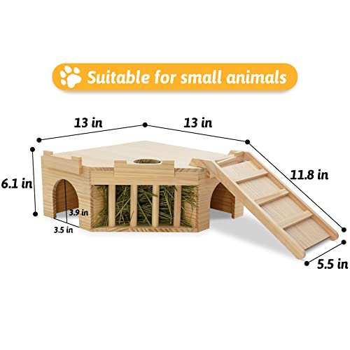 Fhiny Guinea Pig Wooden Castle with Hay Holder, Ventilated Chinchilla Hideout with Feeding Bowl Ladder, Small Animal Multi Chamber Hideaway for Young Guinea Pigs Chinchillas Hedgehogs