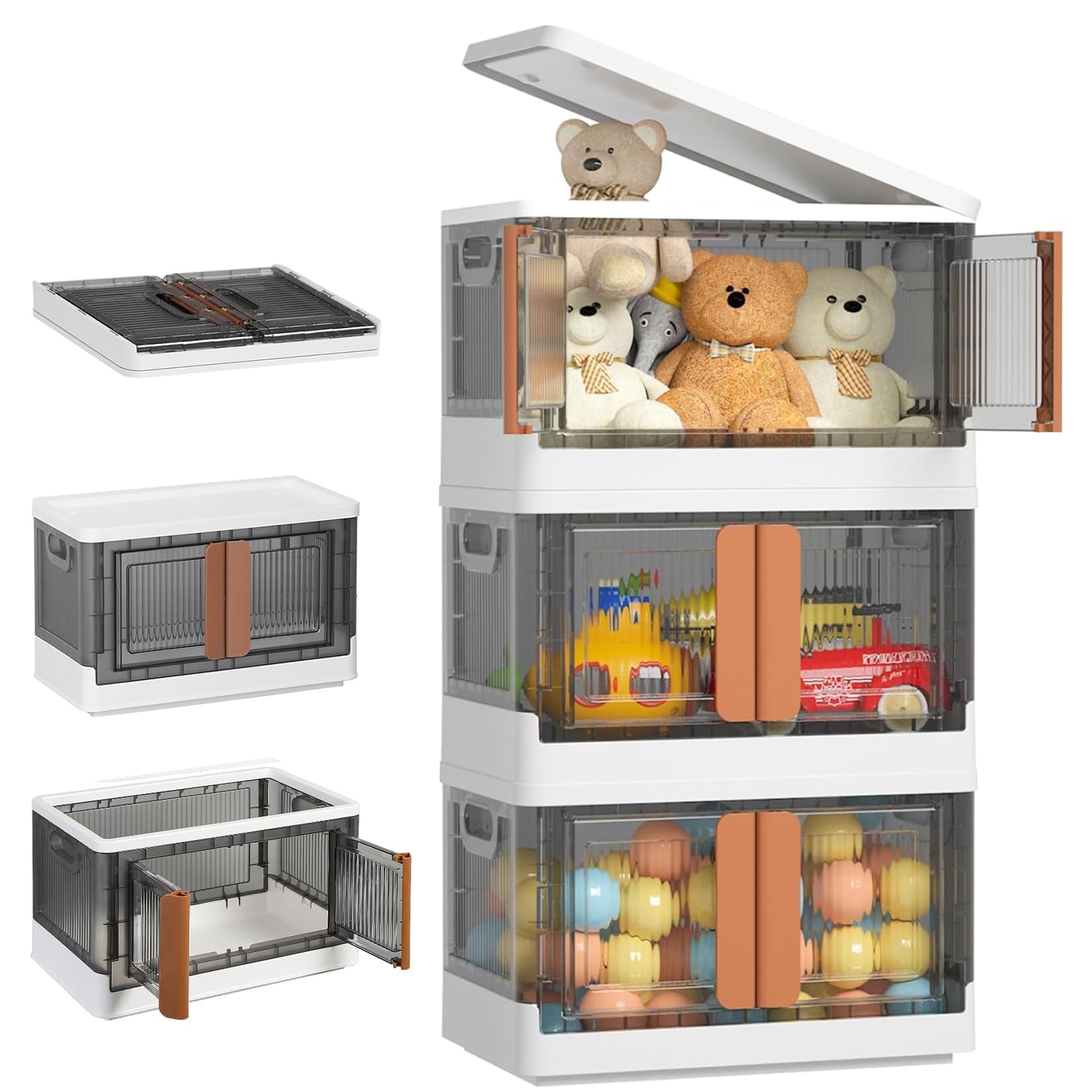 Tucorresi 3 Piece Storage Boxes, Stackable Closet Organizer, Foldable Storage Cube, Clear Organizer Boxes with Lid and Door