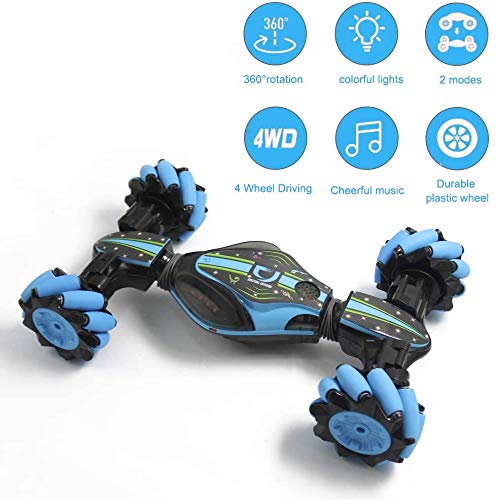 GoolRC RC Stunt Car, 4WD 2.4GHz Remote Control Car, Deformable All-Terrain Off Road Car, 360 Degree Flips Double Sided Rotating Race Car with Gesture Sensor Watch Lights Music for Kids (Blue)