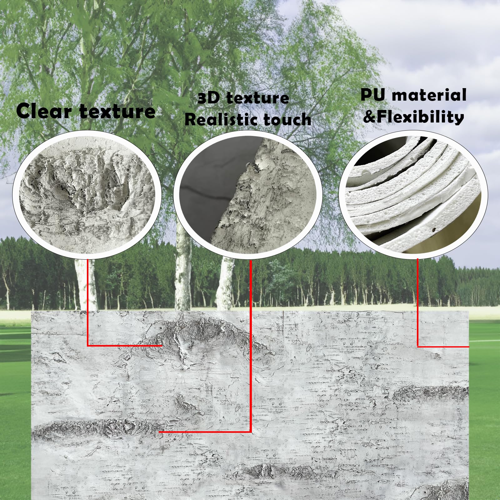 Artificial Birch Bark 3D Realistic Texture 78.7in*19.7in(10.8 Sq.ft)Silicone Material Faux Tree Bark Nature-Inspired DIY Design Eco-Friendly Home Deco Accentuating Natural Beauty