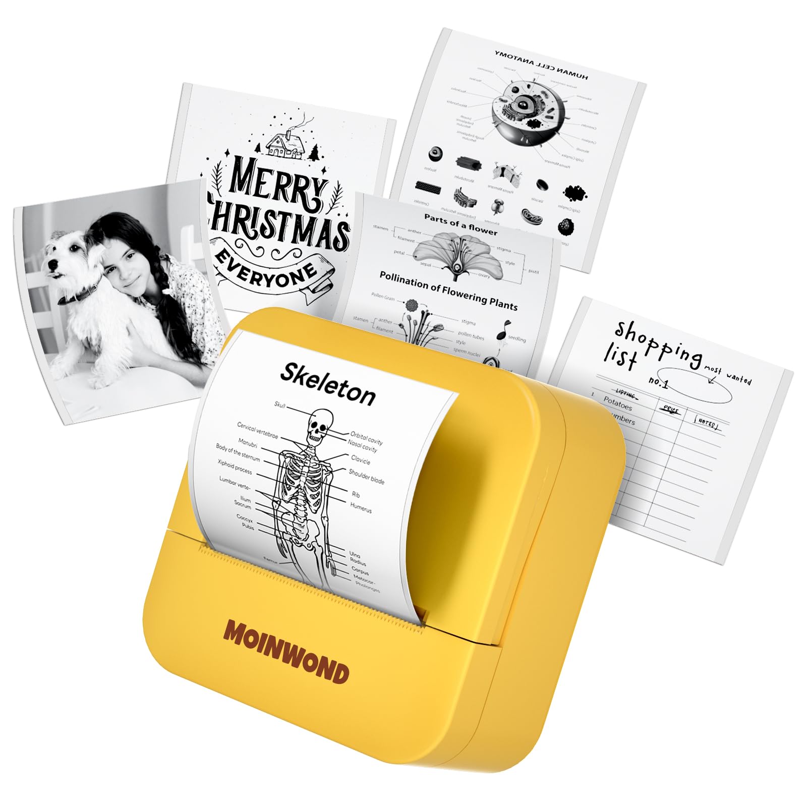 MOINWOND Sticker Printer Mini Portable Thermal Printer Sticker Maker Machine,Bluetooth Inkless Pocket Printer Rechagreable for DYI Journal,Notes,Memo,Photo with Thermal Paper,Yellow D1