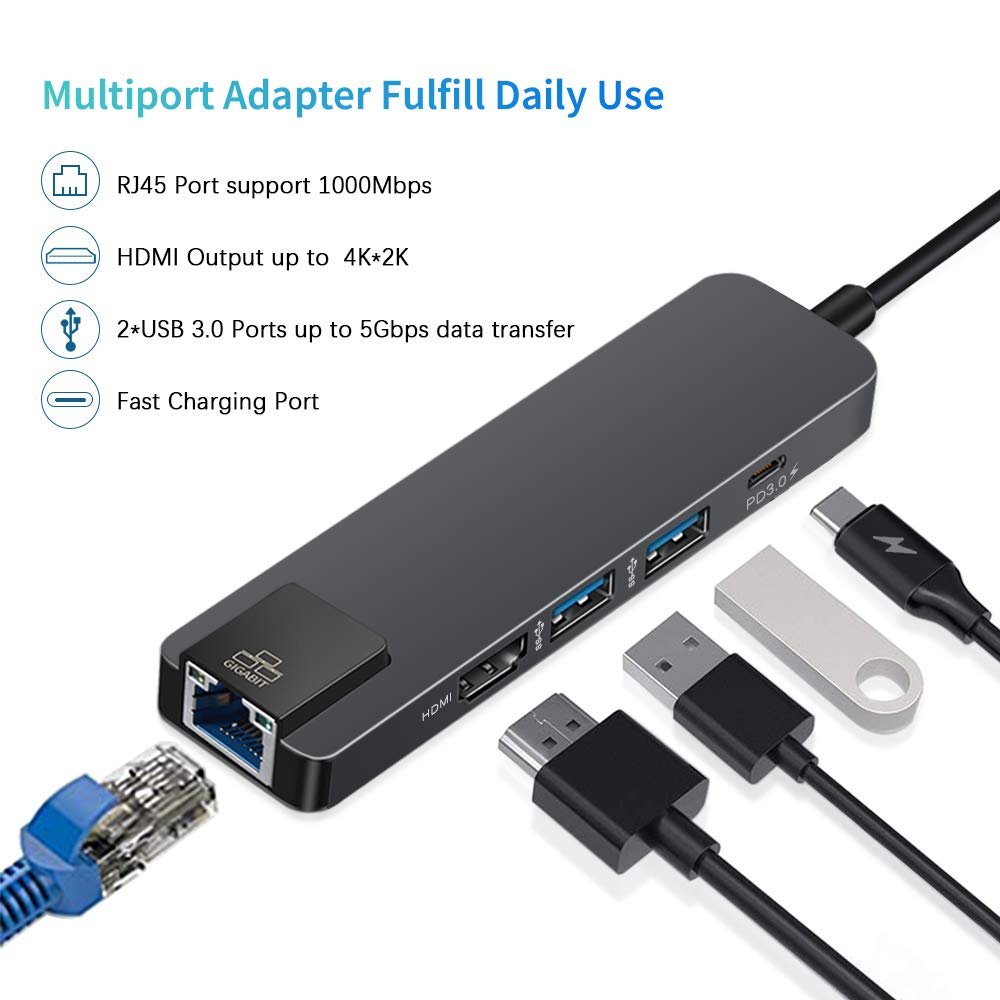 USB C Hub, USB C to Ethernet HDMI USB Adapter with 1000Mbps Ethernet Port, 4K HDMI, 2 USB 3.0 and USB 3.1 Charging Ports, Compatible with MacBook/Pro/Air, Android Phone, Laptops, Tablet and etc